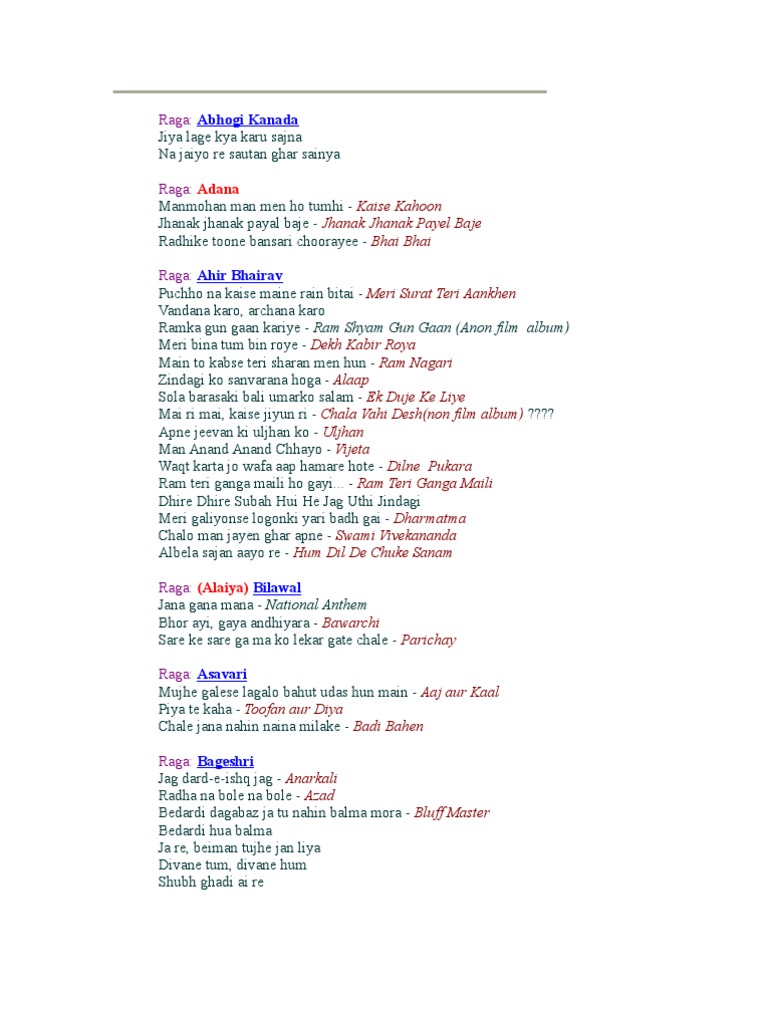Raga Songs and Lyrics Compilation | PDF | Art | Poetry