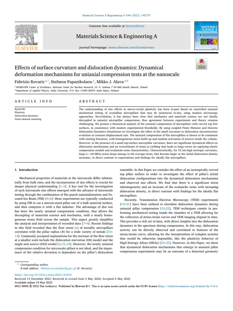 2022-MSEA-Effects of Surface Curvature and Dislocation Dynamics Dynamical Deformation Mechanisms ...