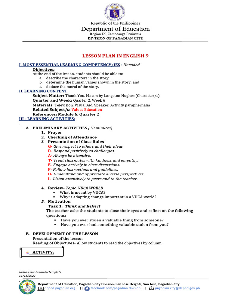 Lesson Plan: "Thank You, Ma’am" Analysis | PDF | Lesson Plan | Narrative