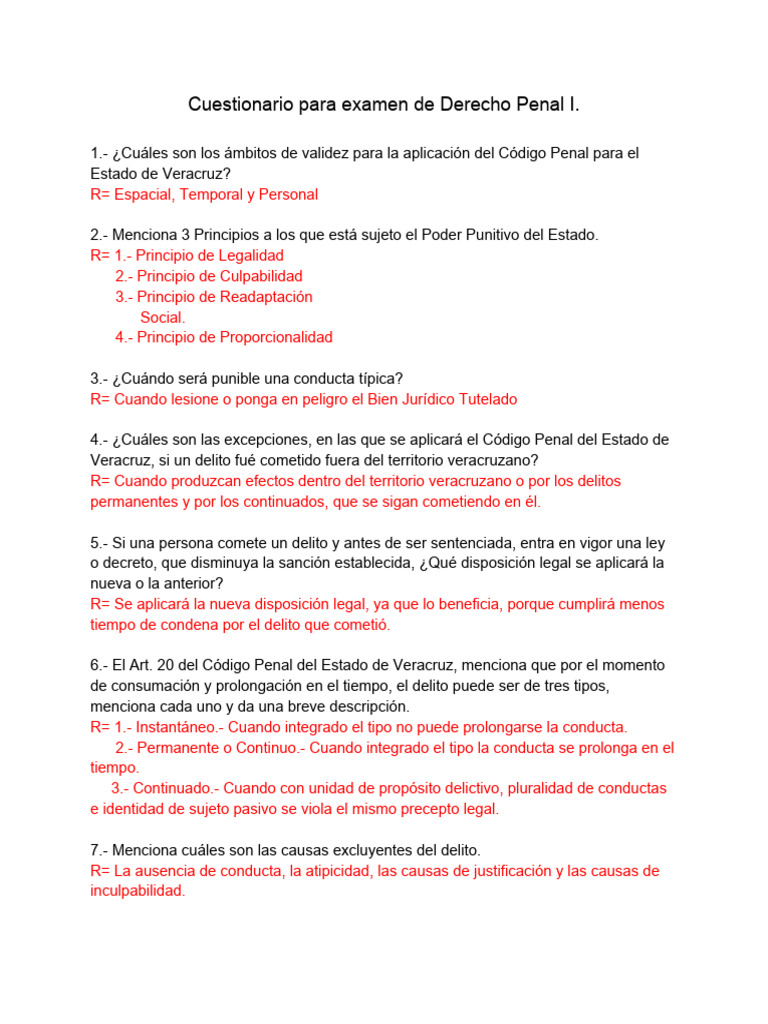 Cuestionario para Examen de Derecho Penal I | PDF