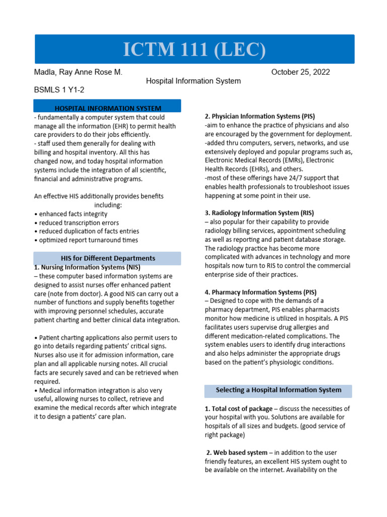 Ictm Hospital Information System (Week 10) | PDF | Medical Ultrasound ...