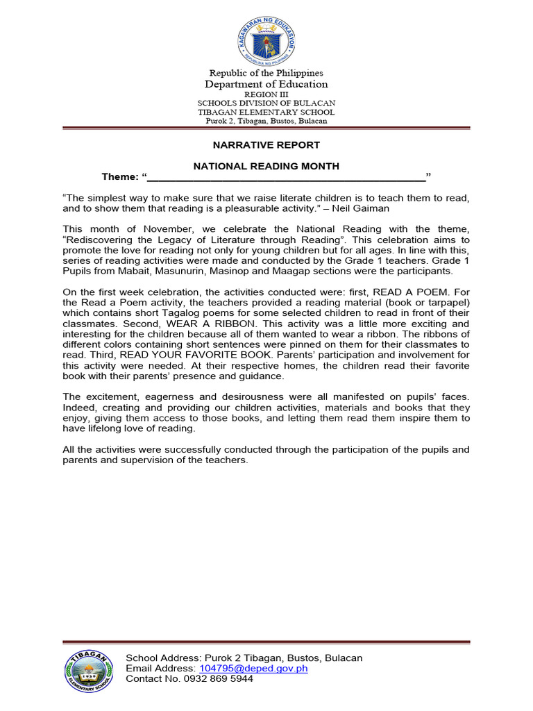 Narrative Report On National Reading Month | PDF | Philippines