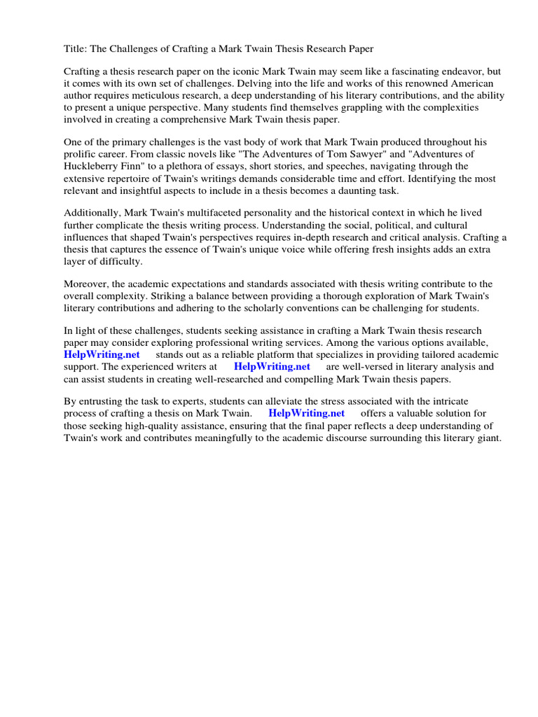 Mark Twain Thesis Research Paper | PDF | Mark Twain | Huckleberry Finn