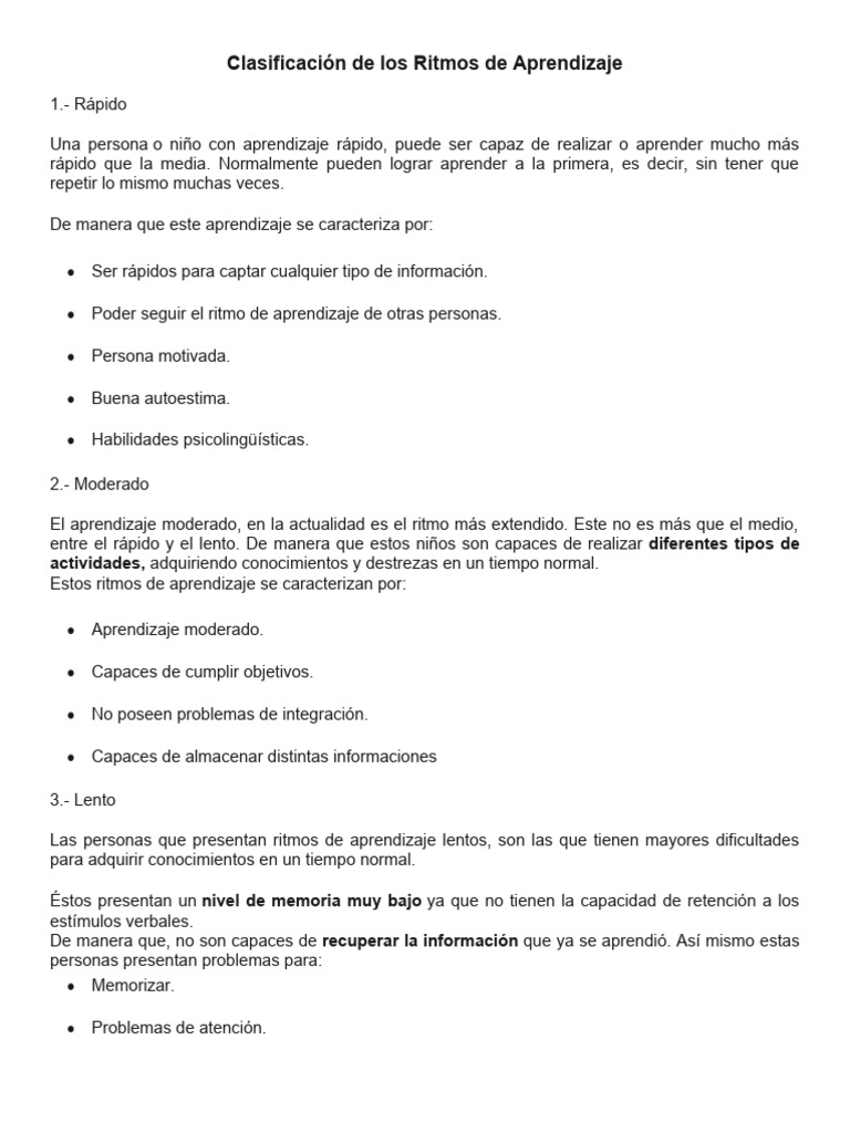 Clasificación de Los Ritmos de Aprendizaje | PDF | Crecimiento personal y profesional