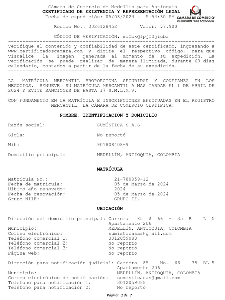 Certificado de Existencia y Representación Legal SUMÍSTICA SAS | PDF | Sociedad