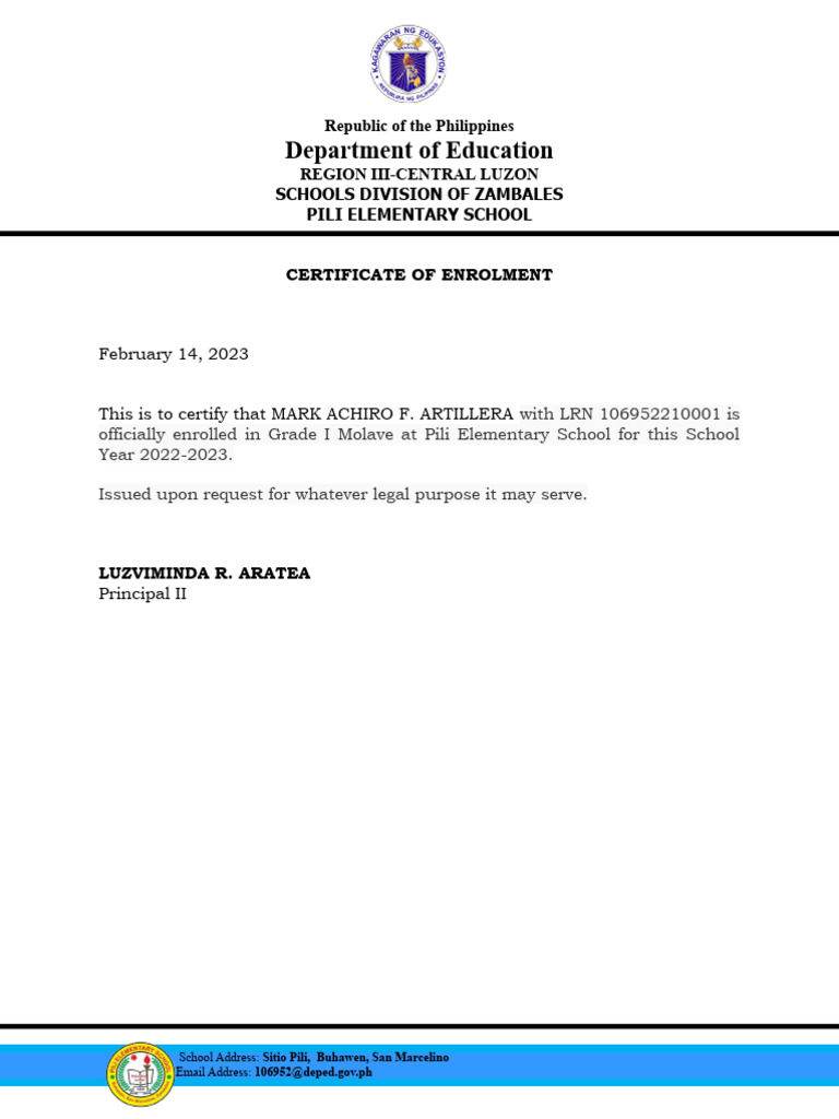 Certificate of Enrolment | Download Free PDF | Philippines | Social ...