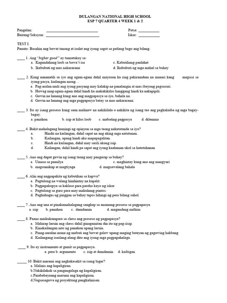Esp 7 Q4 Assessment Week 1 2 | PDF