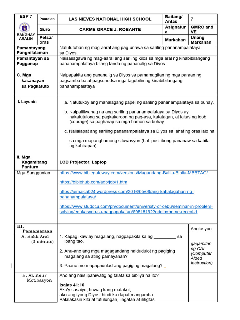 Lesson Plan in GMRC and VE7 | PDF