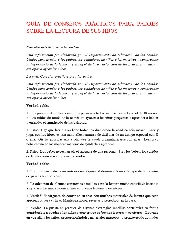 Guía de Consejos Prácticos para Padres Sobre La Lectura de Sus Hijos ...