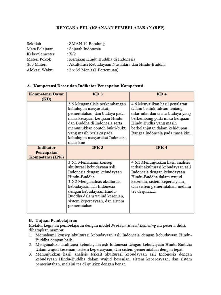 RPP Sejarah Indonesia Kelas X - Bukti Peninggalan Kebudayaan Hindu ...