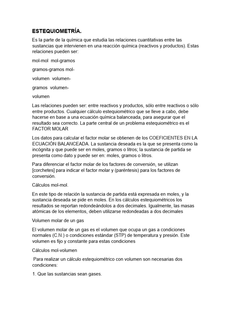 Estequiometría Pdf Estequiometría Mole Unidad