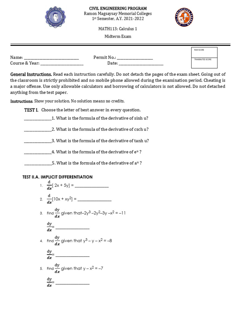 MATH113 Differential Calculus Midterm Exam | PDF | Subtraction | Combinatorics