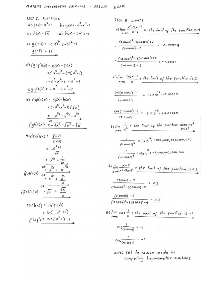 MATH113 Differential Calculus Prelim Exam Answer Key | PDF