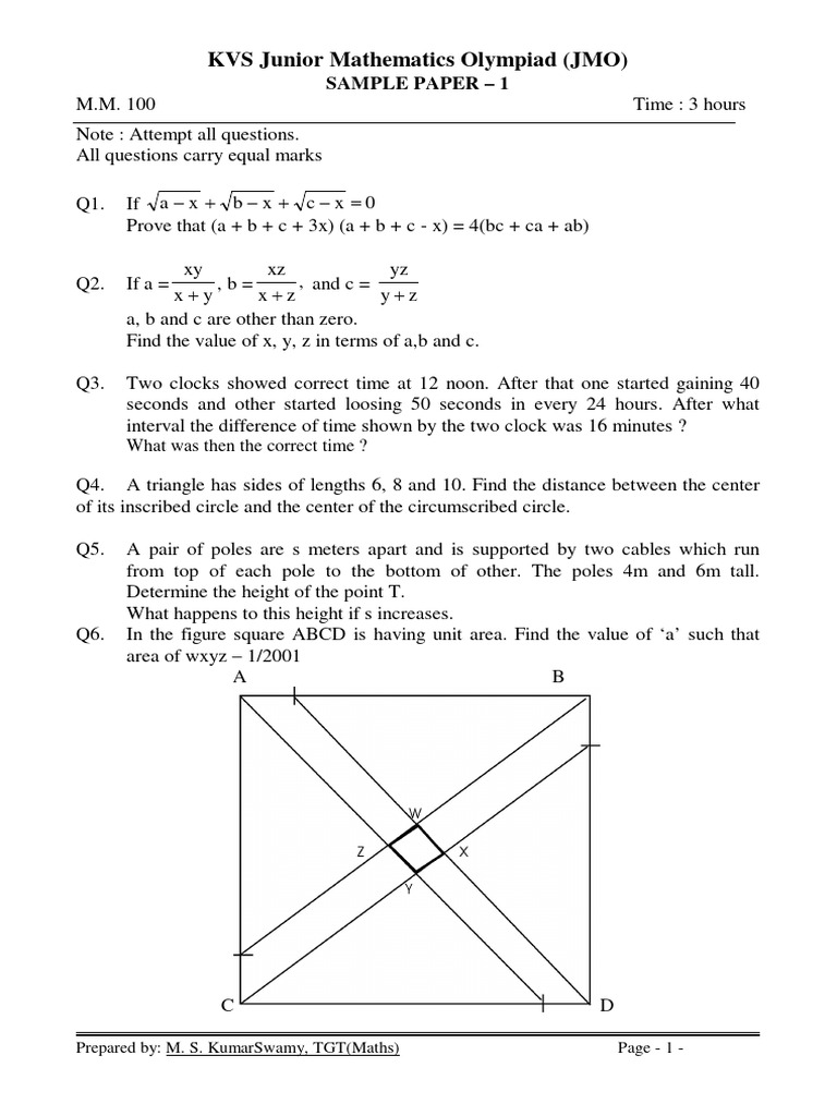 JMO Sample Paper for Class 8 Maths | PDF | Euclidean Plane Geometry ...
