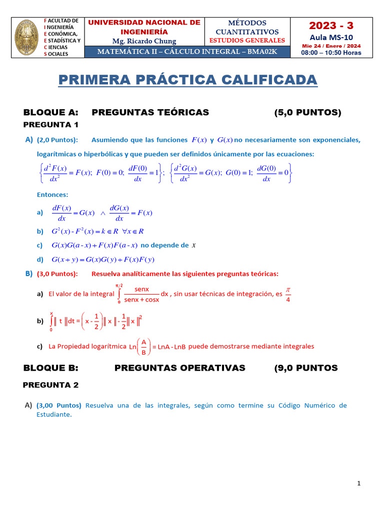 Primera Práctica Calificada Uni | PDF | Velocidad | Integral