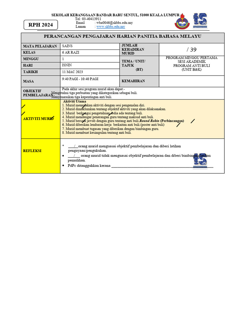 Contoh RPH Minggu 1 | PDF