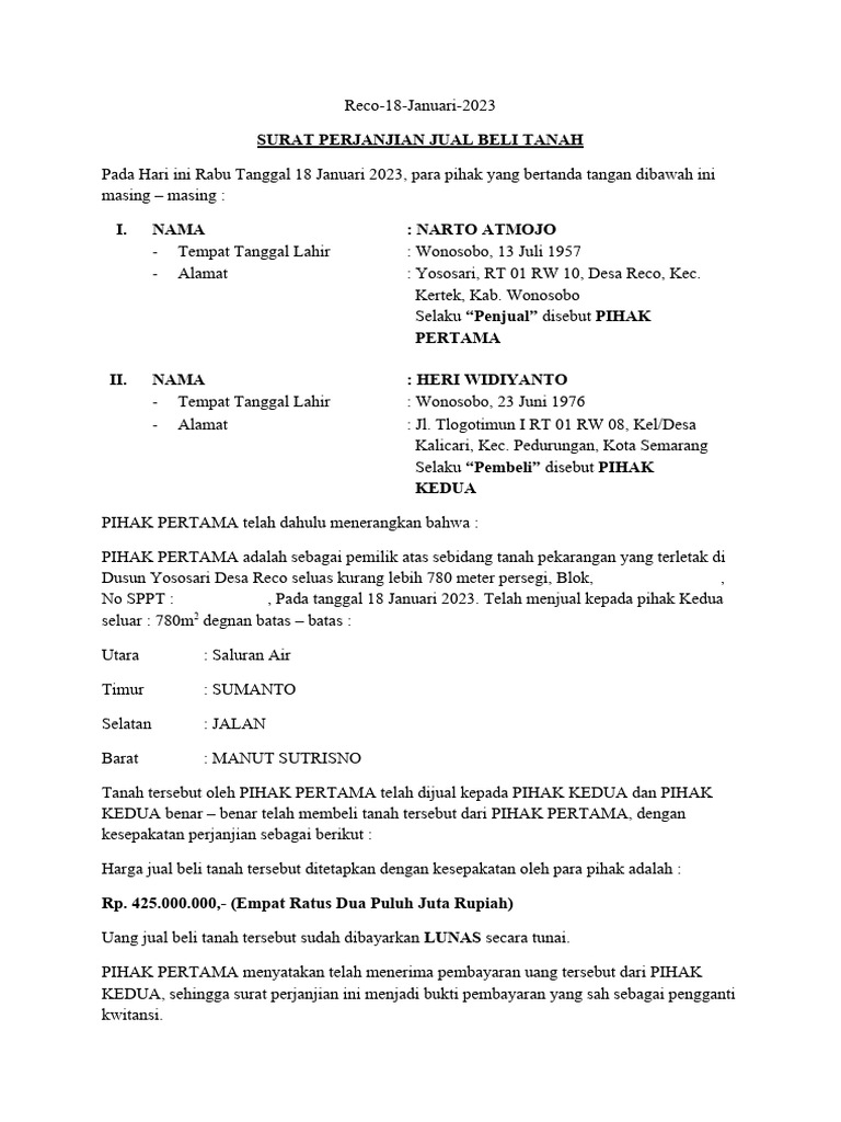 Surat Pelunasan Jual Beli Tanah | PDF
