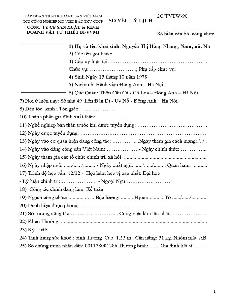 LÝ LỊCH (MẪU 2C) | PDF