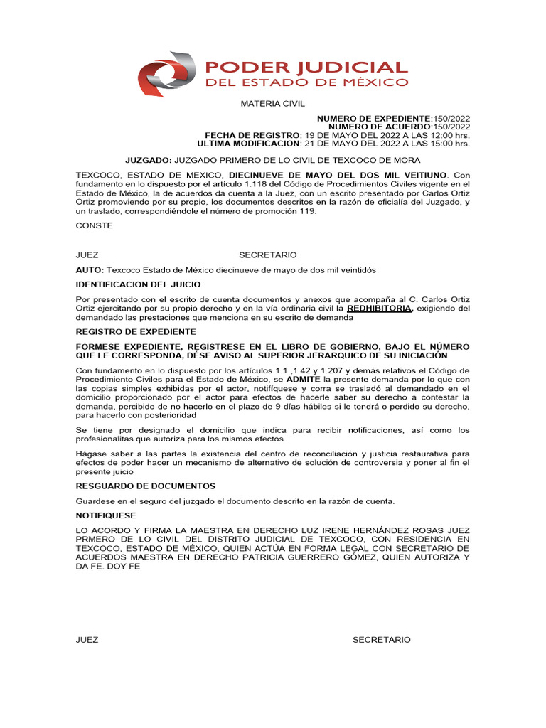AUTO DE ADMISION | PDF | Demanda judicial | Estado de los Estados Unidos