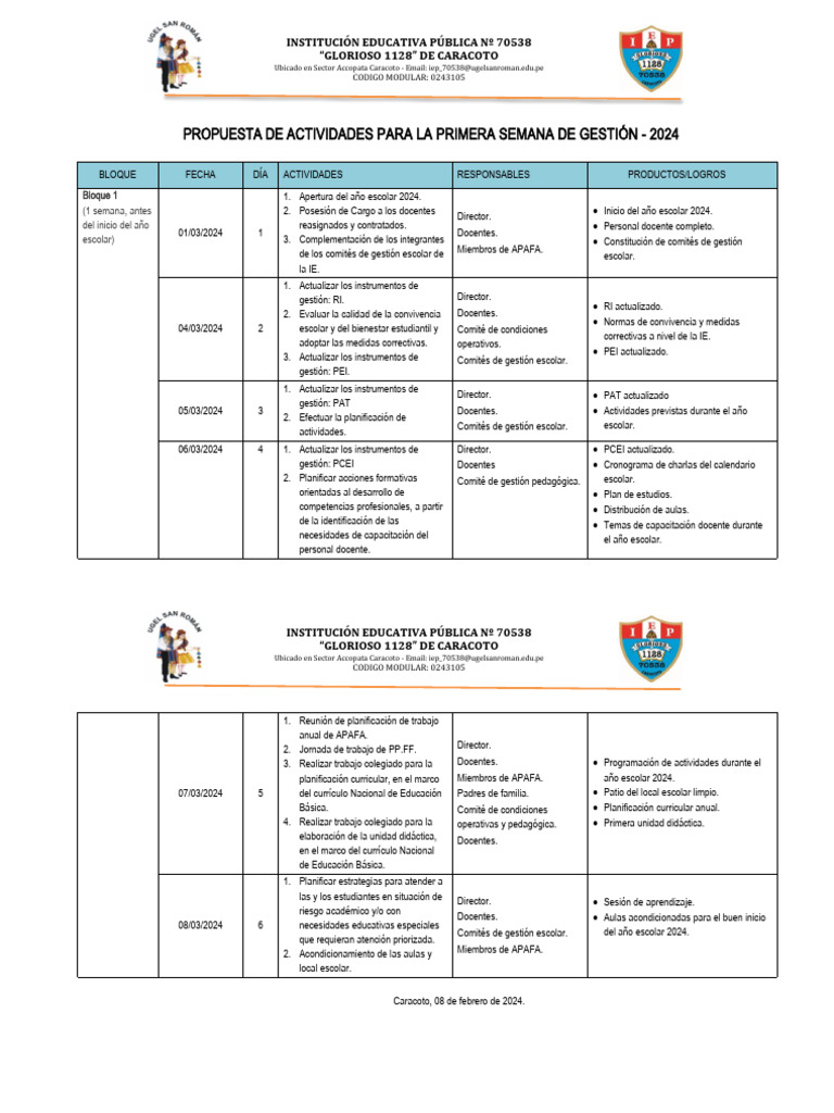 Actividades Primera Semana Gestión 2024 | PDF | Plan de estudios ...