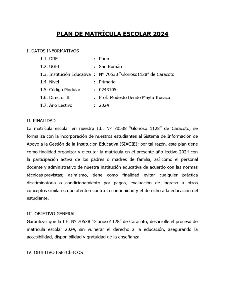 Plan de Matrícula Escolar 2024 | PDF | Educación primaria | Justicia
