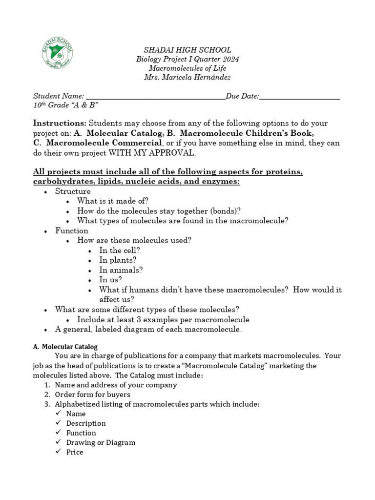 Biology Project 10th Grade I Quarter 2024 | PDF | Macromolecules ...