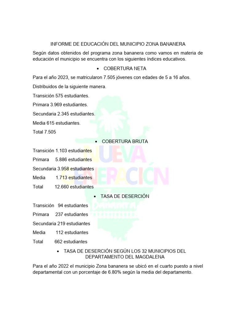 Informe Educativo Zona Bananera 2023 | PDF | Crecimiento personal y ...