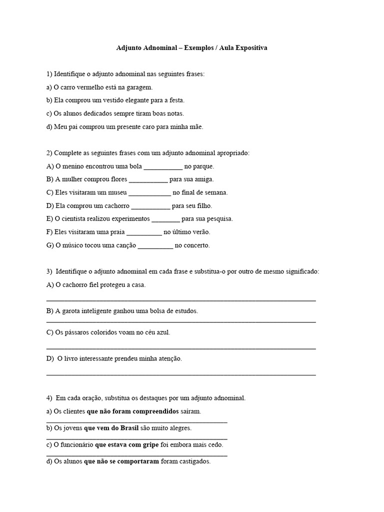 Exercicios 7 Ano Adjunto Adnominal | PDF