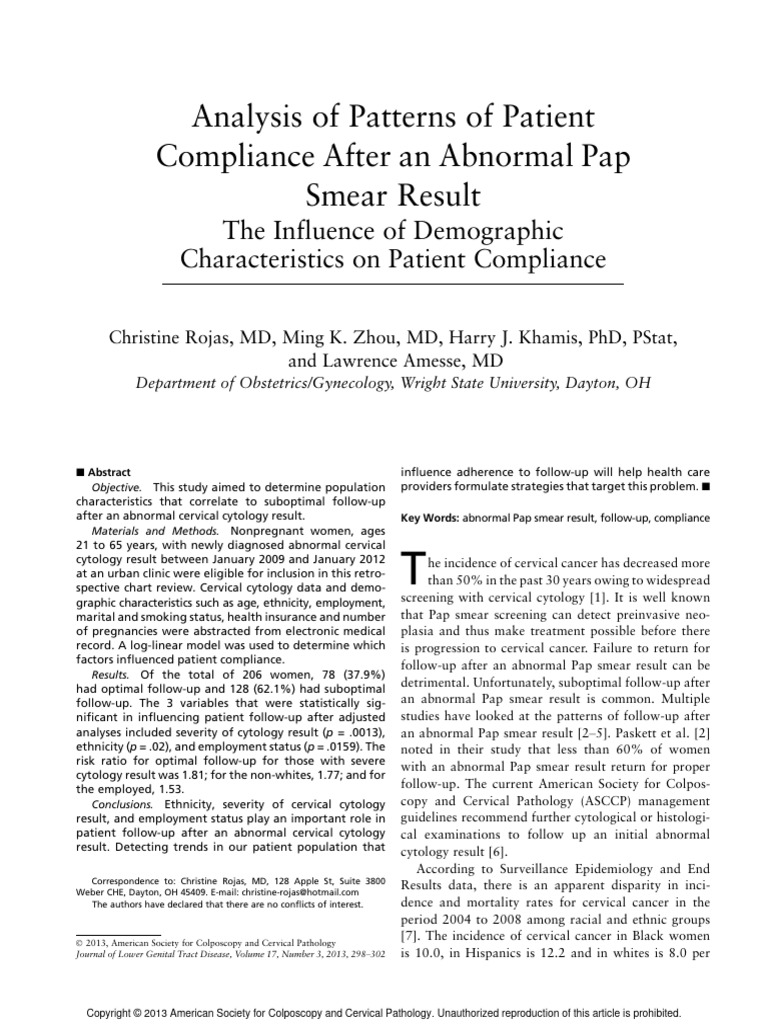 Analysis of Patterns of Patient Compliance After an Abnormal Pap Smear ...