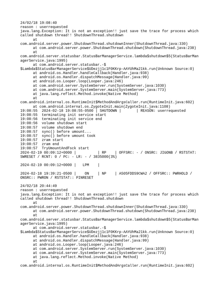 Android Shutdown and Reboot Logs | PDF | Java (Programming Language) | Programming Paradigms