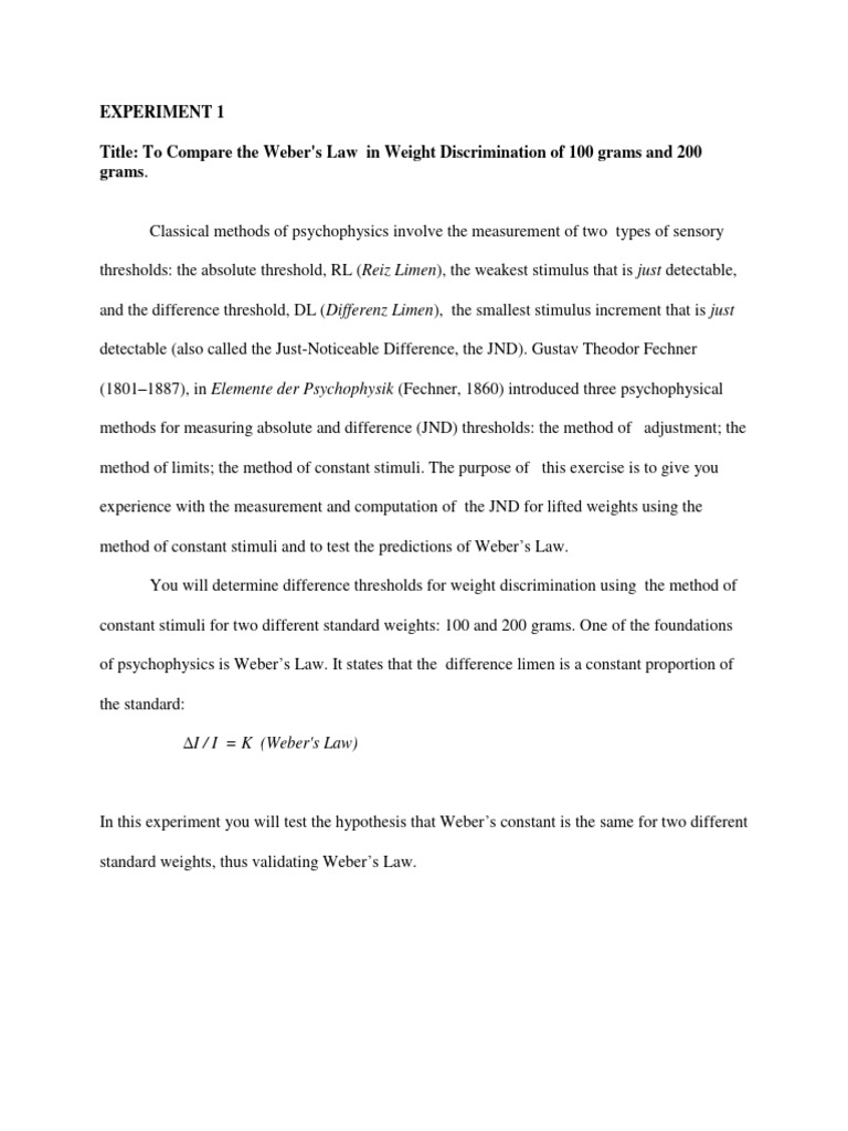 EXPERIMENT 1 Weight Experiment | PDF | Psychophysics | Psychological ...