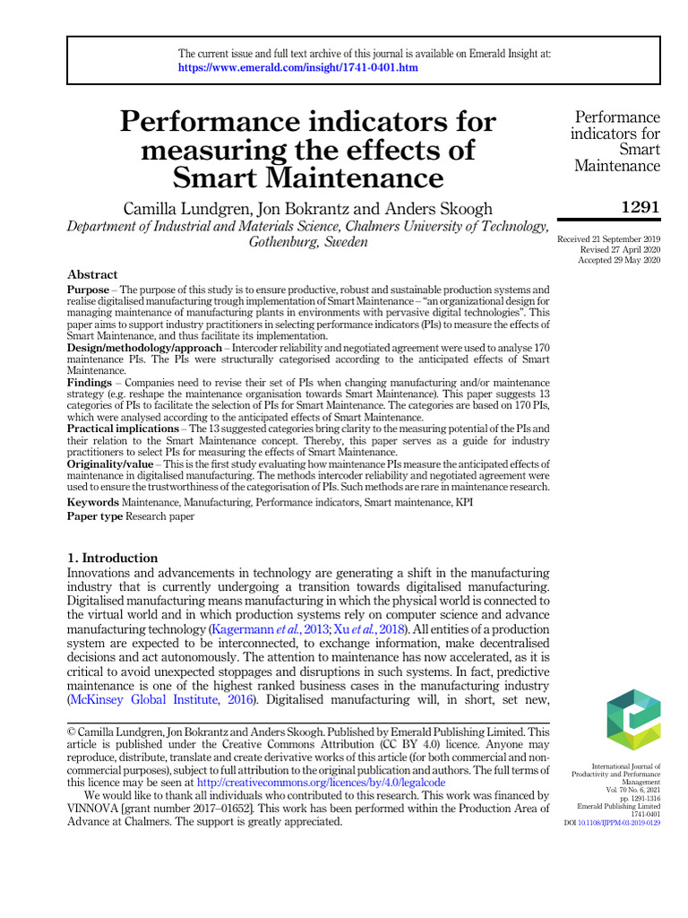 Performance Indicators For Measuring The Effects of Smart Maintenance ...
