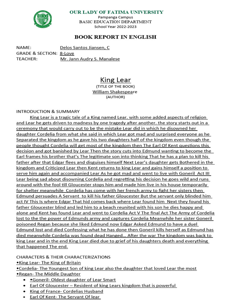 Book Report | PDF | King Lear | Shakespearean Tragedies