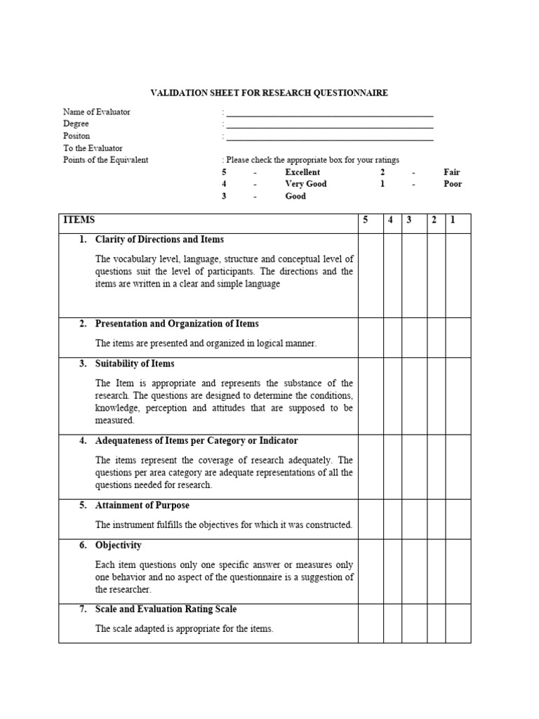 Validation Sheet For Research Questionnaire | PDF