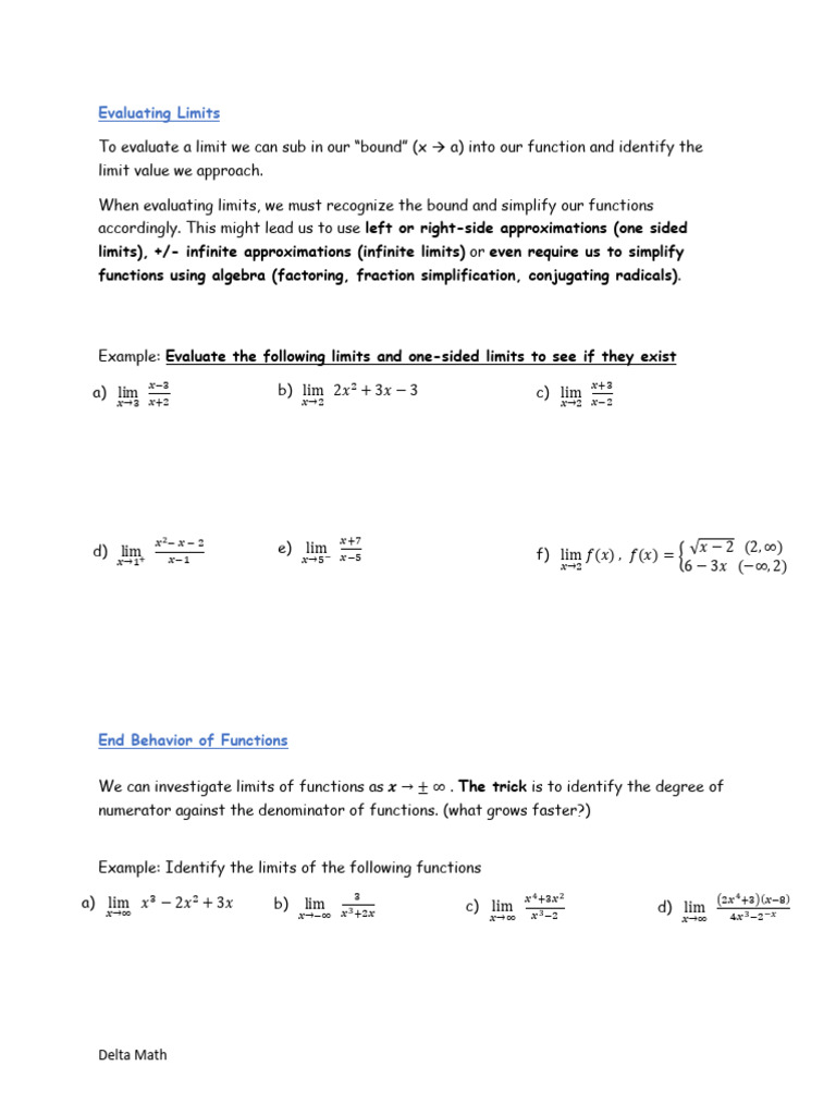 Day 6 - 7 Evaluating Limits Infinite-Oneside-Complexcases | PDF ...
