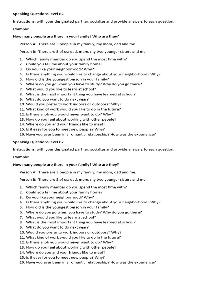 Speaking Questions Level B2 | PDF