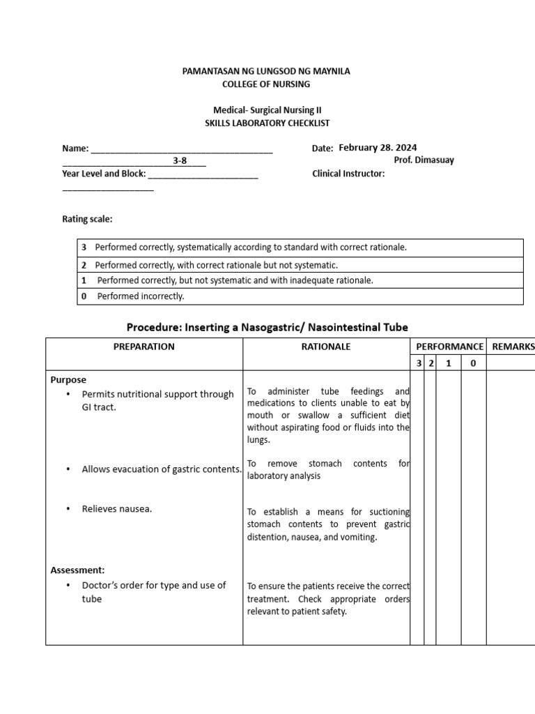 Nasogastric Tube Insertion Checklist | PDF | Medical Specialties ...