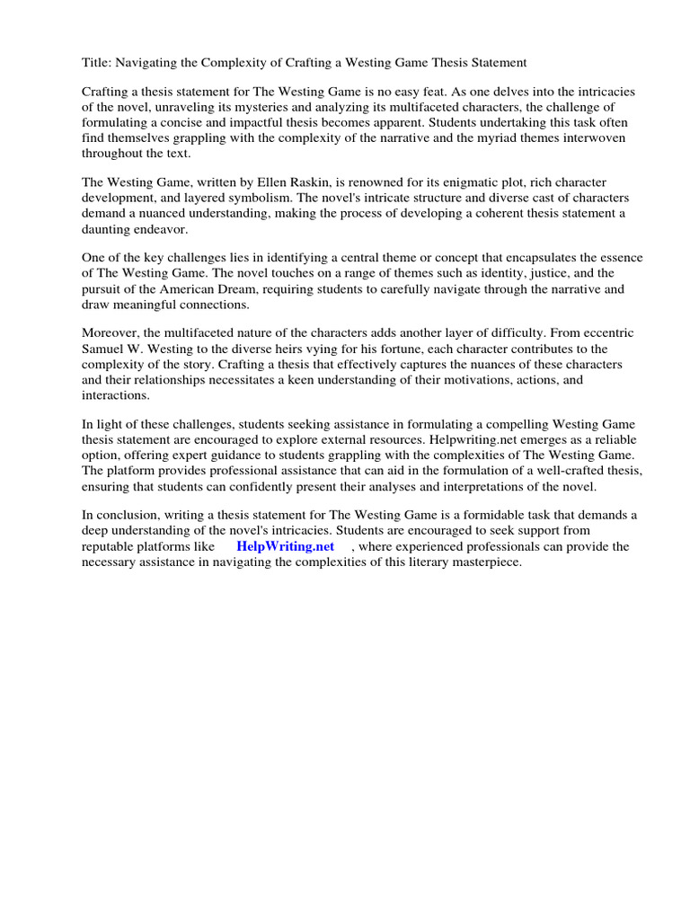 The Westing Game Thesis Statement | PDF
