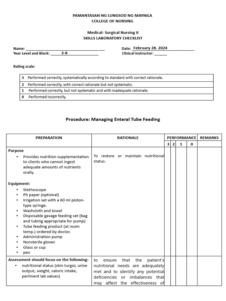 Enteral Tube Feeding Checklist | PDF | Hygiene | Gastroenterology