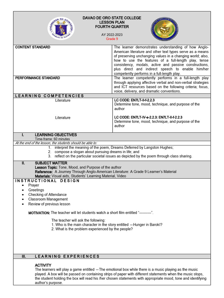 Grade 9 English Lesson Plan: Tone & Mood | PDF | Lesson Plan | Learning