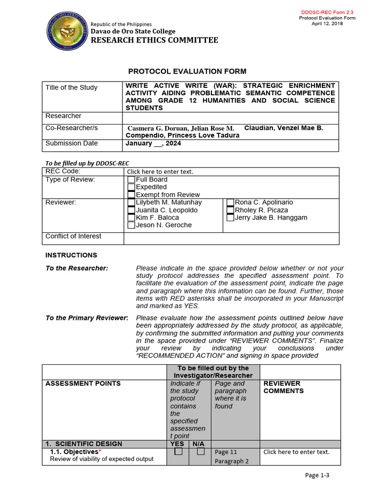 DDOSC Protocol Evaluation Form | PDF | Informed Consent | Risk