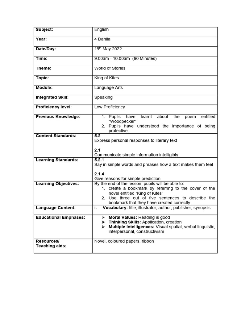 King of Kites: Language Arts Lesson Plan | PDF | Teachers | Learning
