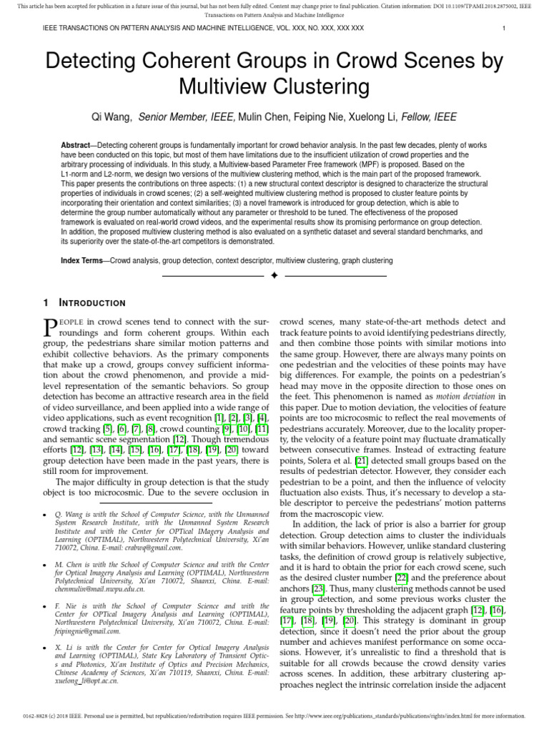 Pami2018 Detecting Coherent Groups In Crowd Scenes By Multiview Clustering Pdf Cluster