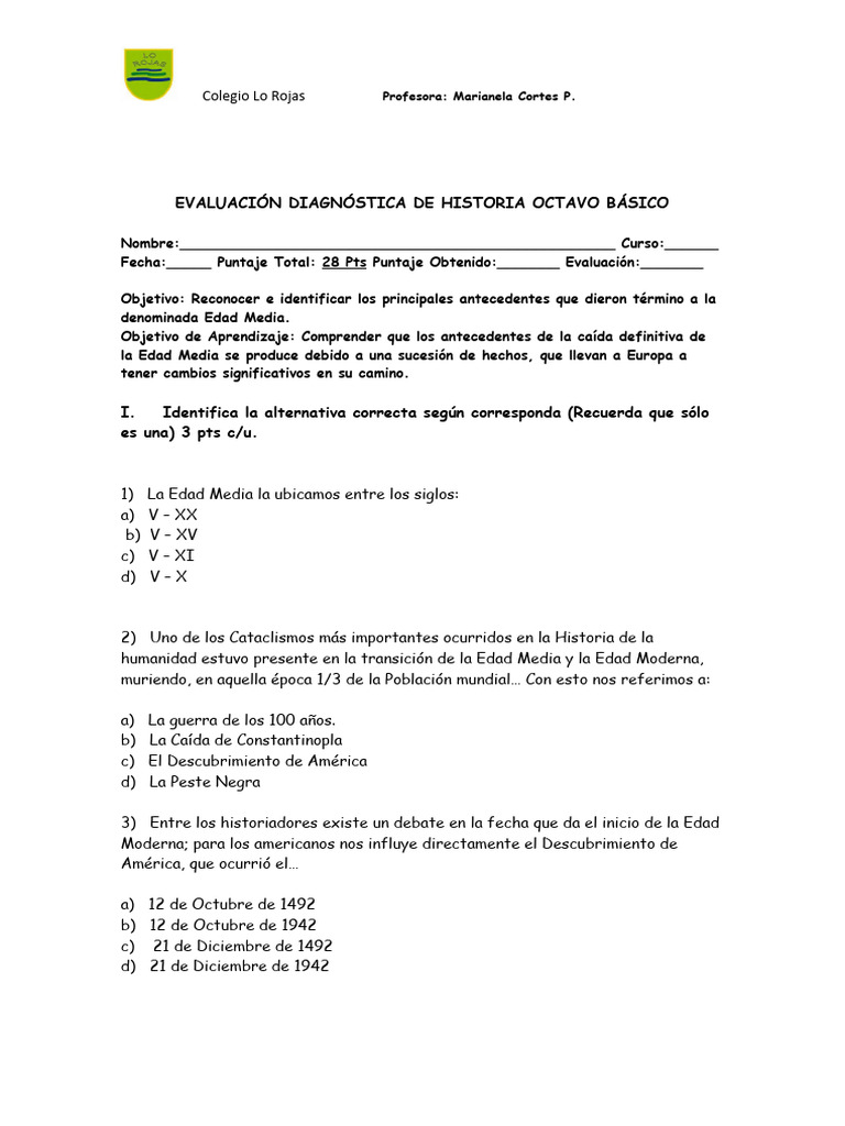 Prueba de Diagnostico HISTORIA Octavo Basico | PDF | Muerte negra