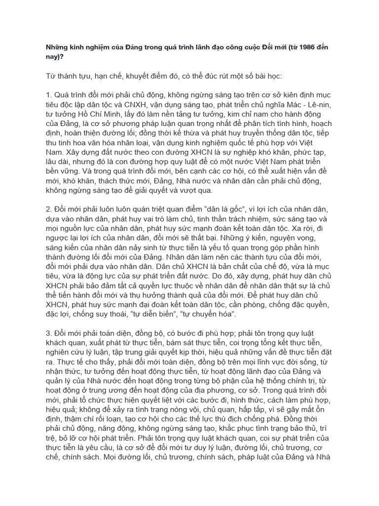 Nh ng kinh nghi m c a Đ ng trong quá trình lãnh đ o công cu c Đ i m i (t 1986 đ n ữ ệ ủ ả ạ ộ ổ ...