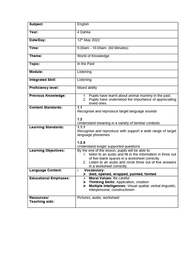 Year 4 C3 L43 Listening LP | PDF | Teachers | Learning