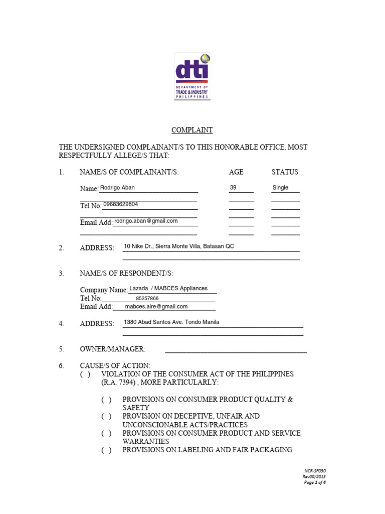 40 NCR-SF050 - Complaint Form | PDF | Justice | Crime & Violence