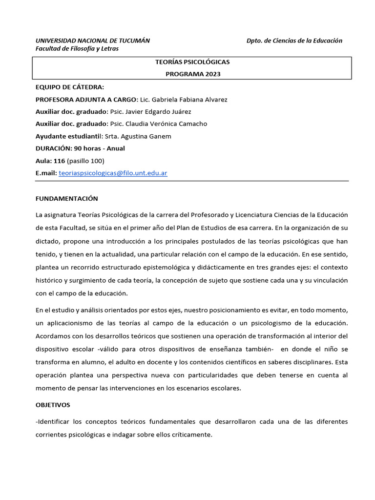 Programa TEORÍAS PSICOLOG 2023 | PDF | Sicología | Psicoanálisis