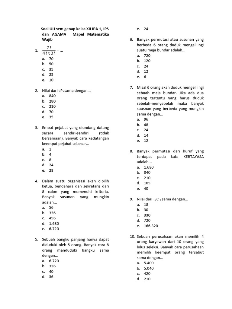 Soal Matematika Kelas XII IPA/IPS | PDF