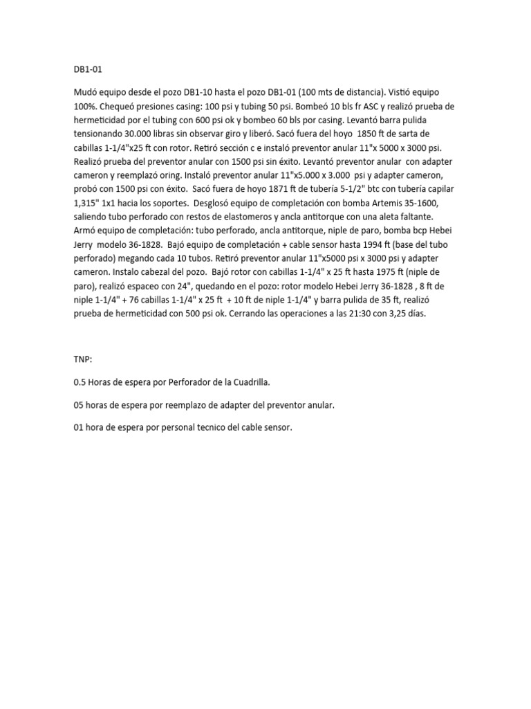 Informe de Operaciones en Pozo DB1-01 | PDF | Tecnología
